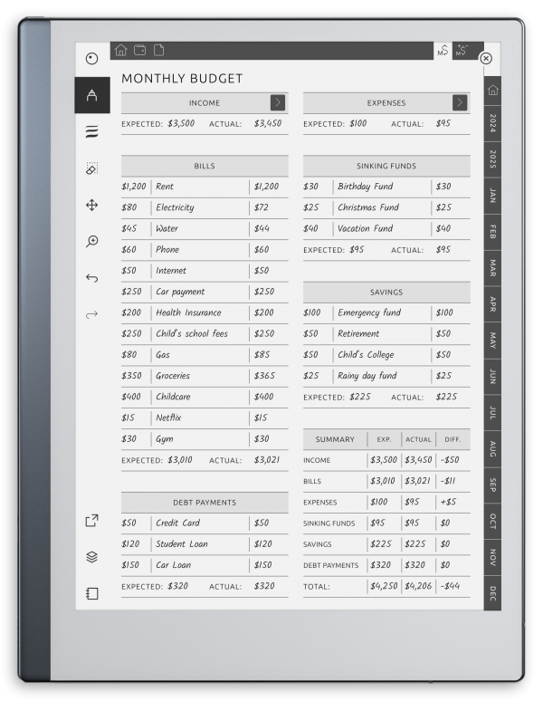 Budget Planner for reMarkable - Download Hyperlinked PDF