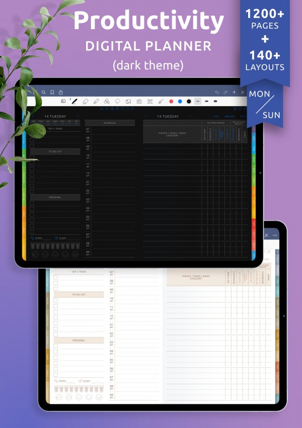 Dark Theme Daily Digital Planner for iPad, Android, Goodnotes & More ...