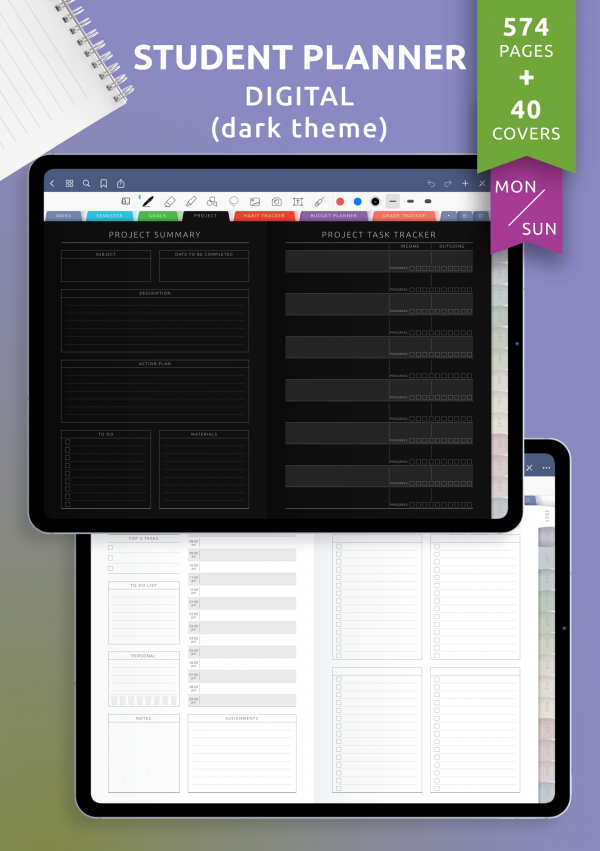 Download Digital Student Planner PDF for GoodNotes, iPad (Dark)