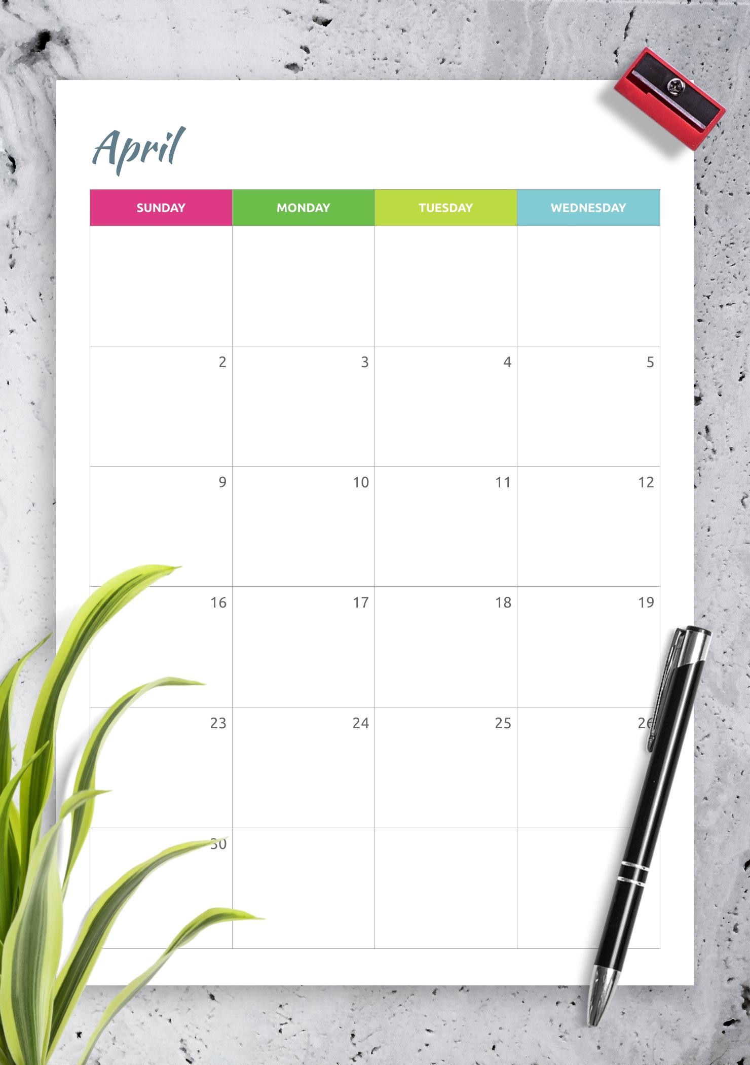 Download Printable Colored Horizontal Monthly Calendar PDF
