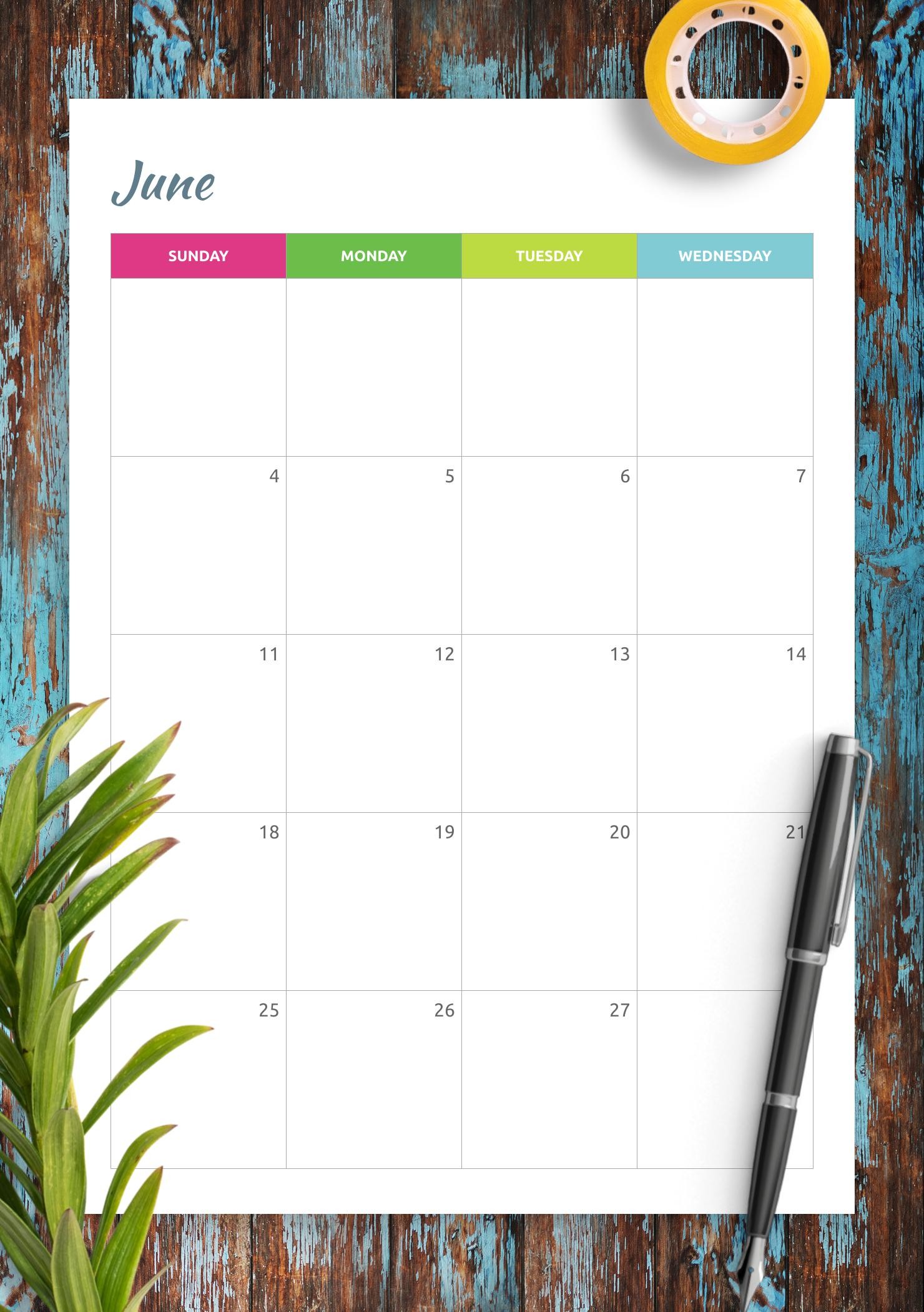 Download Printable Colored Horizontal Monthly Calendar PDF