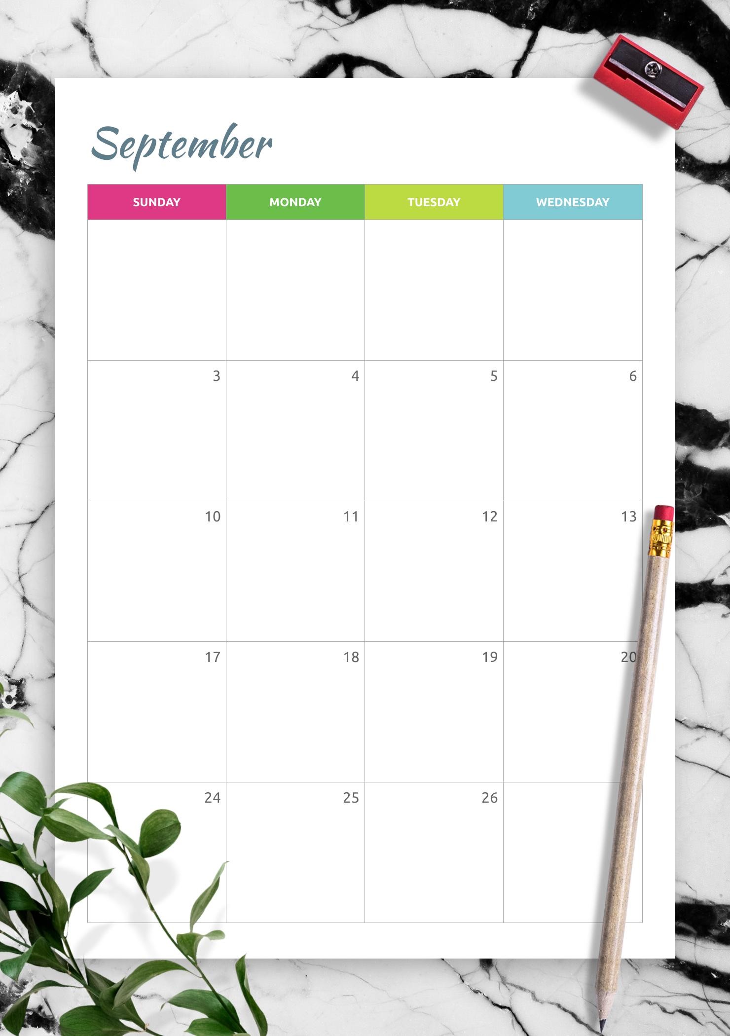 Download Printable Colored Horizontal Monthly Calendar PDF