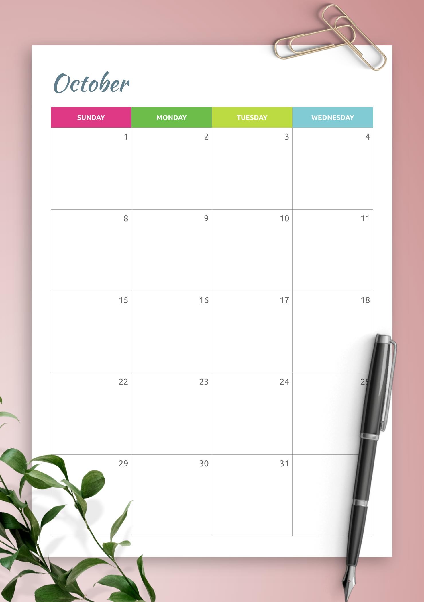 Download Printable Colored Horizontal Monthly Calendar PDF