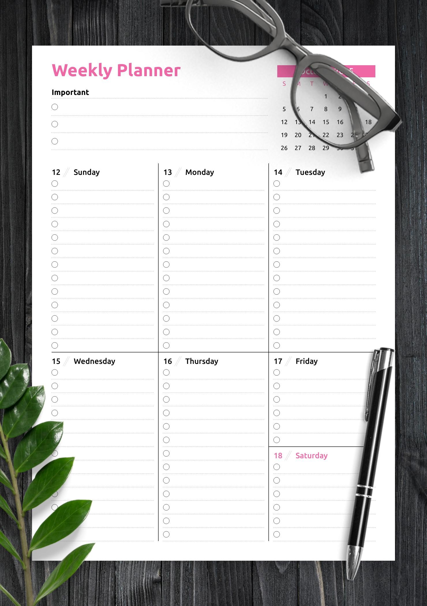 Download Printable Colored one-page weekly planner PDF