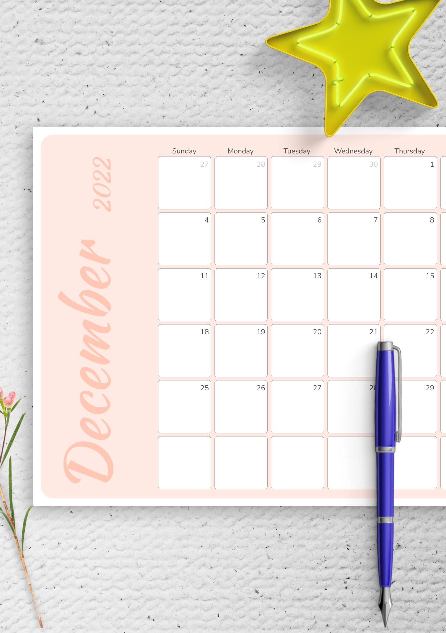 Download Printable Colored Pink Monthly Calendar PDF