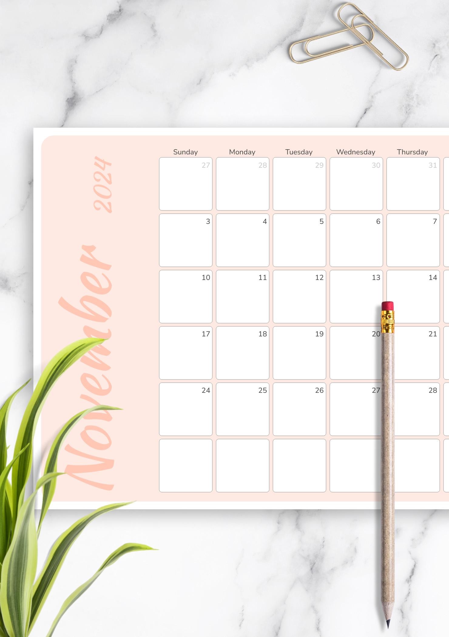 Download Printable Colored Pink Monthly Calendar PDF