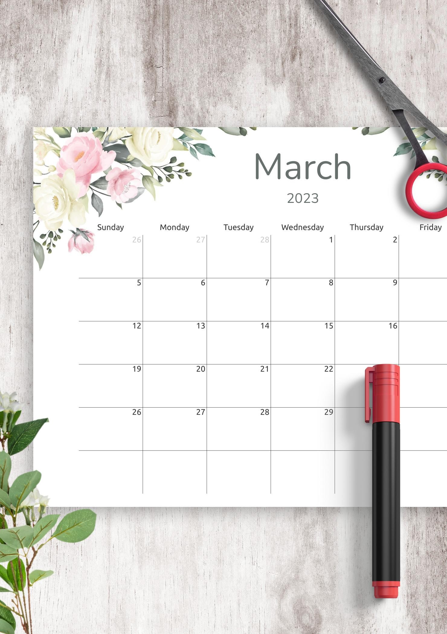Download Printable Floral Monthly Calendar PDF