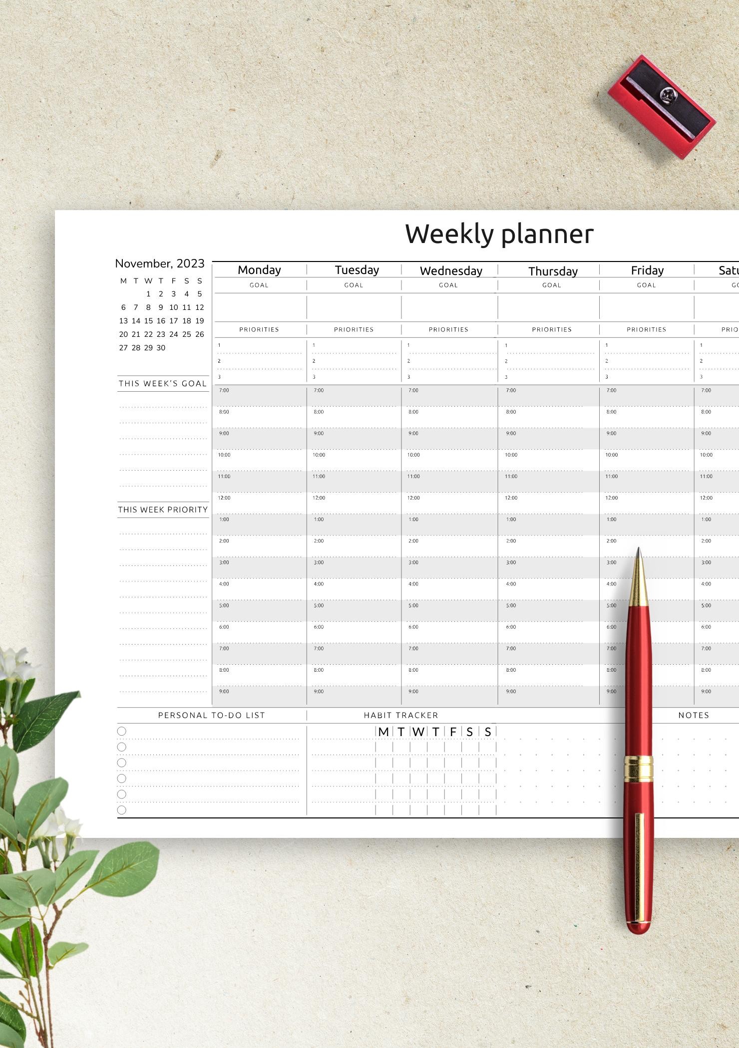Download Printable Horizontal Weekly Timetable Planner Template PDF