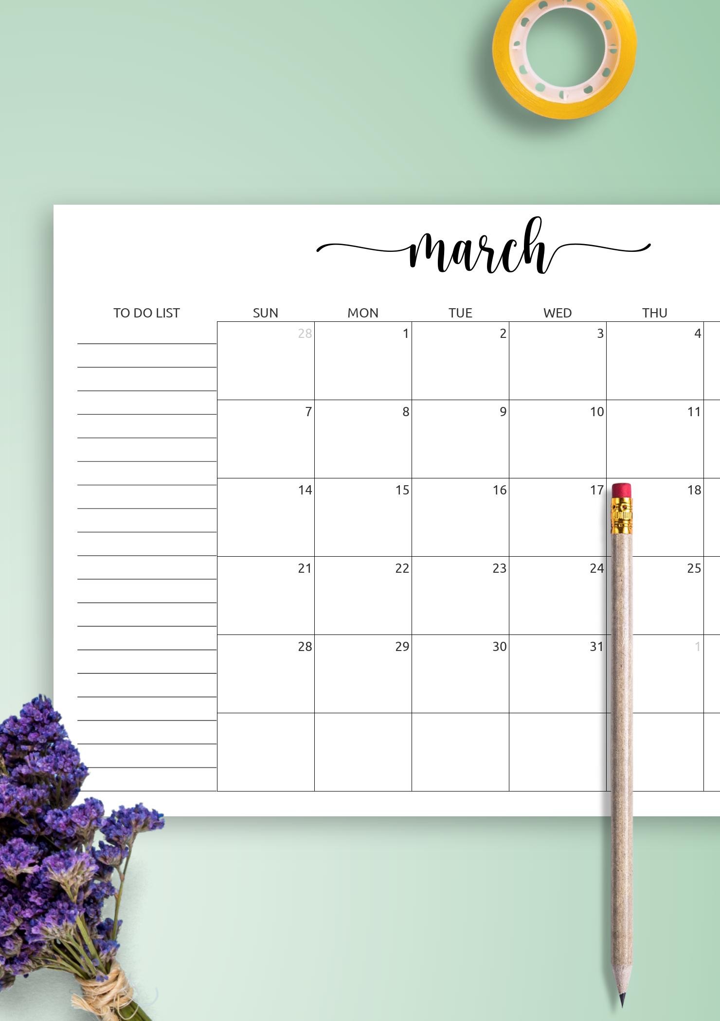 Download Printable Monthly Calendar With To Do List PDF