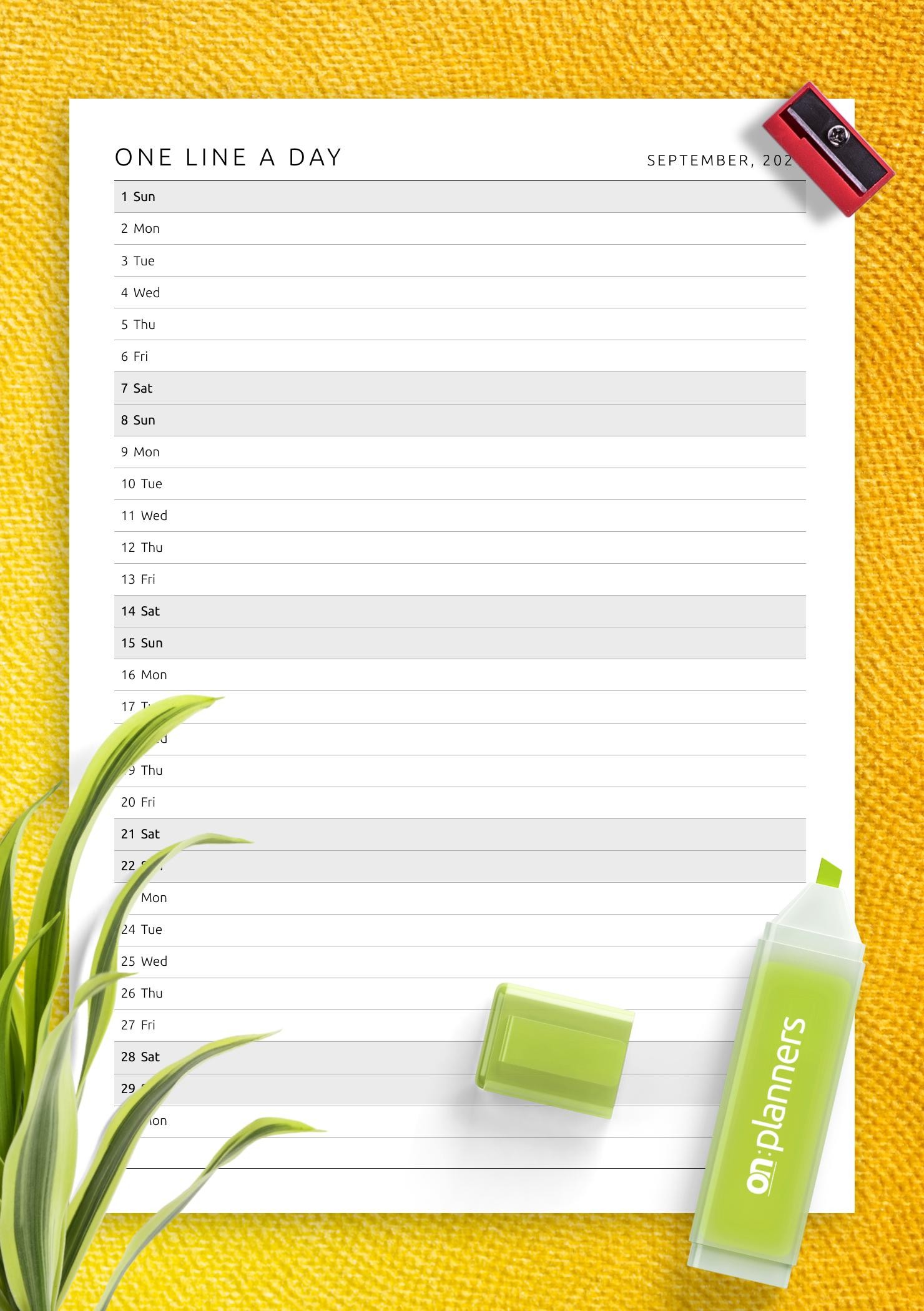 Download Printable One Line a Day Monthly Planner Template PDF