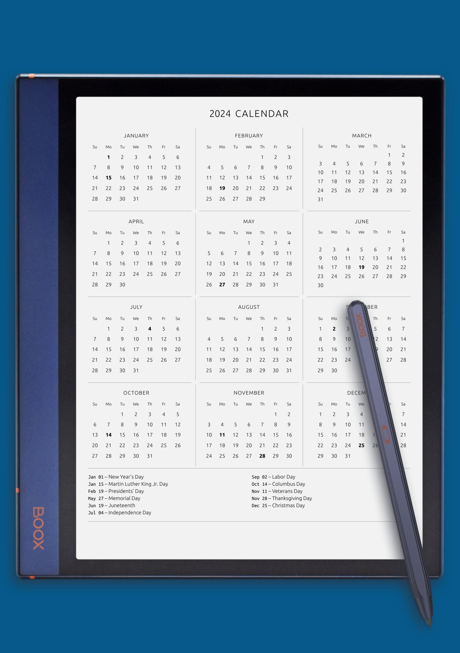 Download Printable Annual Calendar With Holidays PDF