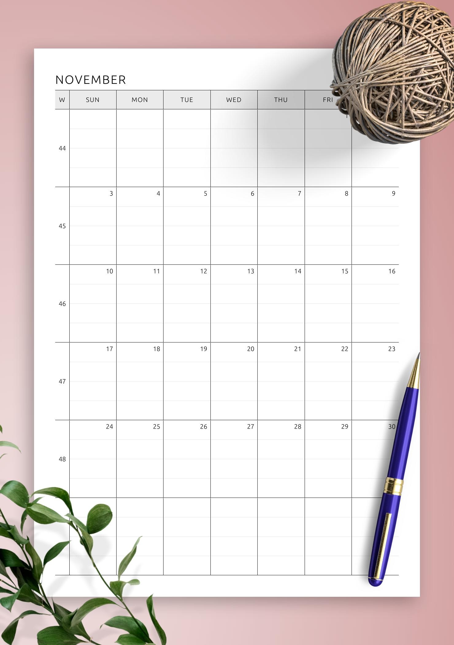 Download Printable One Page Lined Monthly Calendar PDF