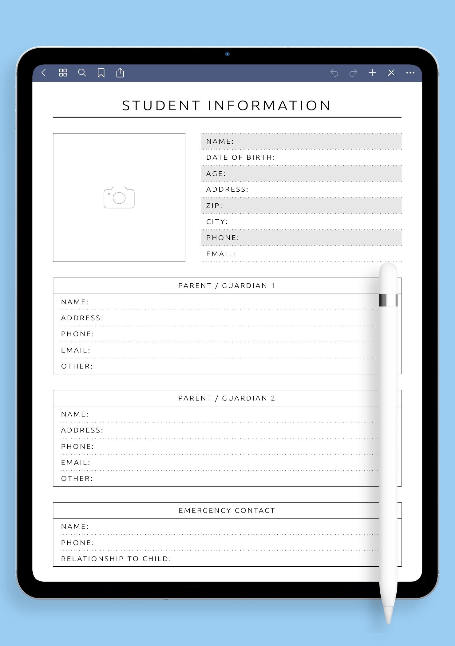 Download Printable Student Info Template PDF