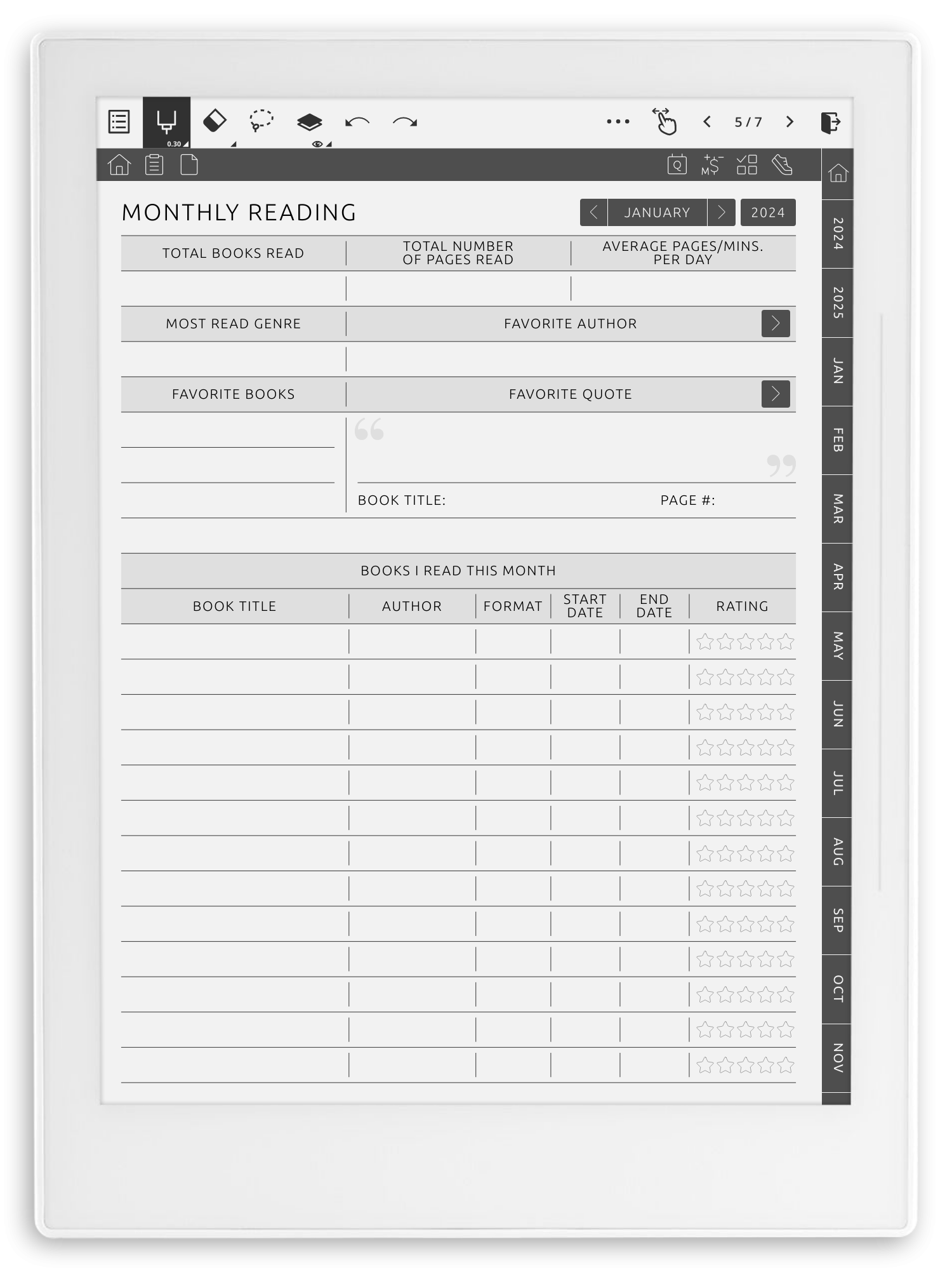 Download Reading Journal Hyperlinked PDF for Supernote A5 X A6 X