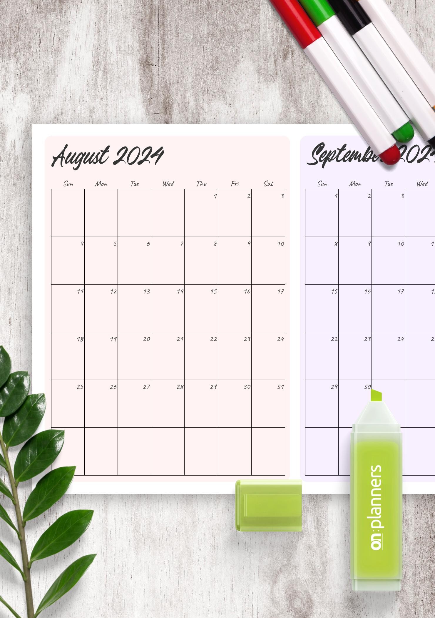 Download Printable Two Months On Page Calendar PDF