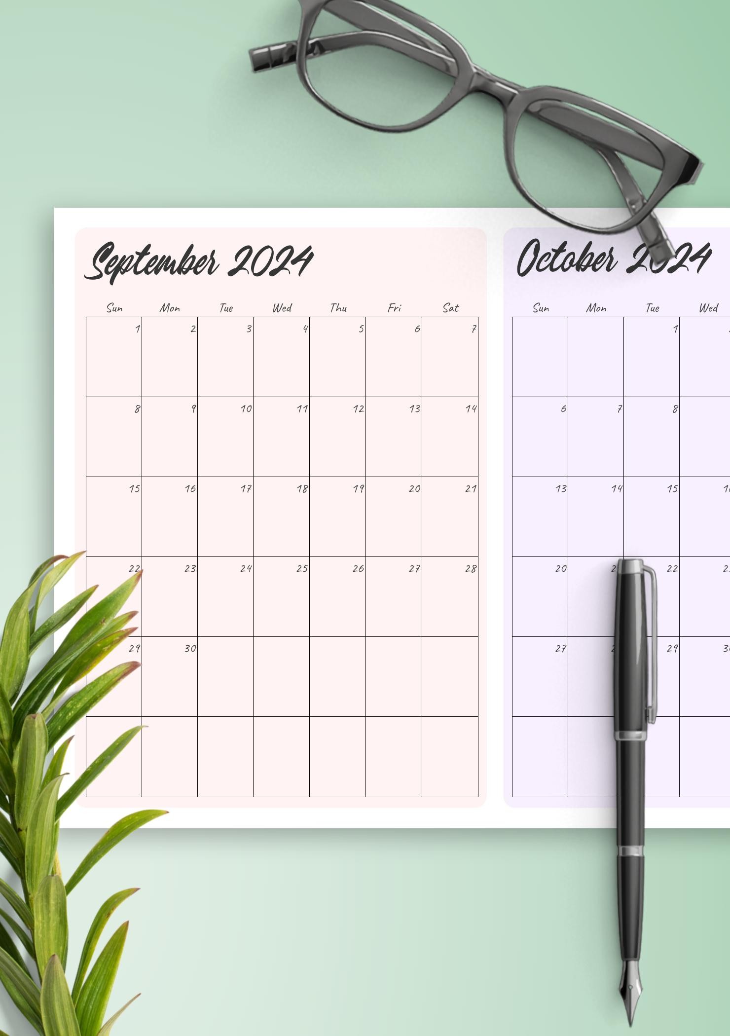 Download Printable Two Months On Page Calendar PDF