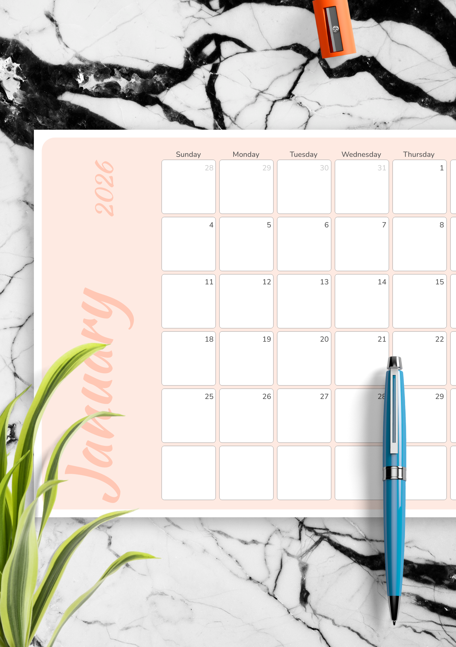 Download Printable Colored Pink Monthly Calendar PDF