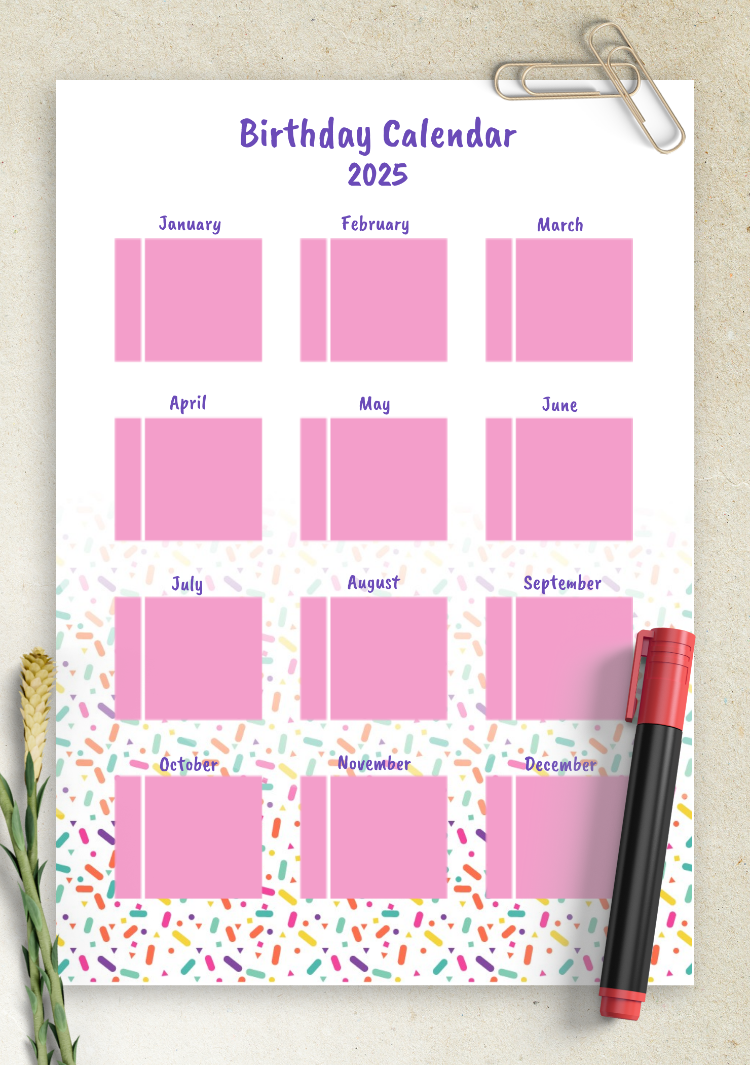 Download Printable Colorful Confetti Birthday Calendar PDF