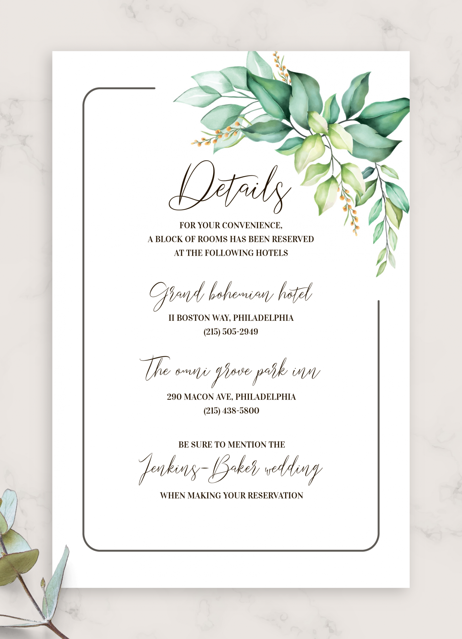 Download Printable Elegant Greenery Boho Wedding Details Card PDF