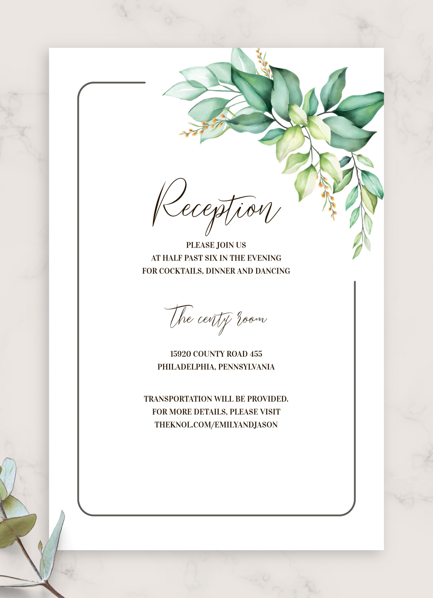 Download Printable Elegant Greenery Boho Wedding Reception Card PDF