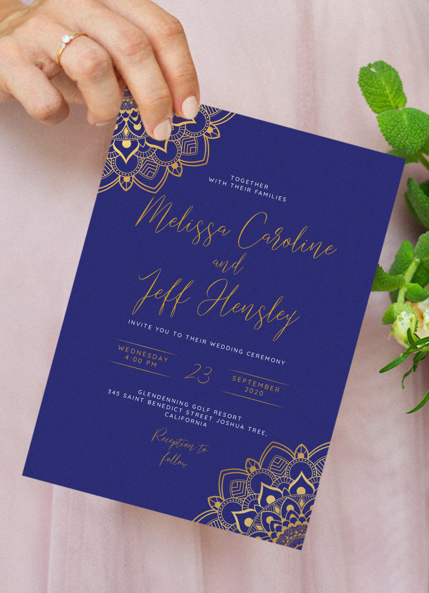 Download Printable Gold And Blue Wedding Invitation PDF