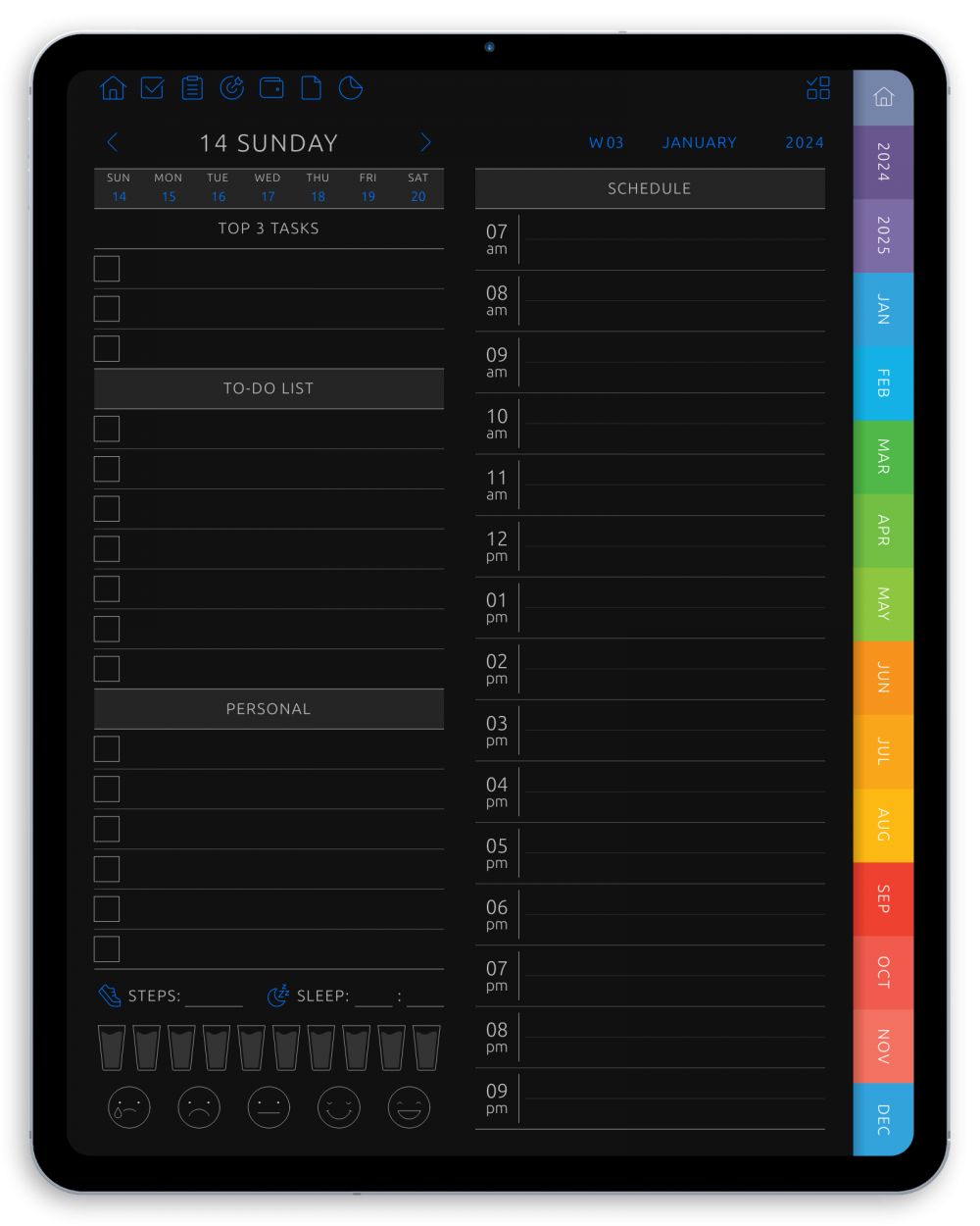 Download Daily Digital Planner PDF for GoodNotes, iPad, Android (Dark)