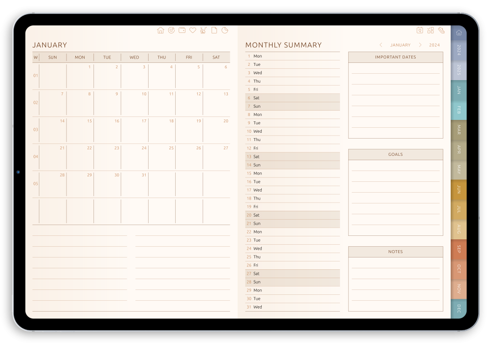 Download Monthly Digital Planner PDF for GoodNotes, iPad (Dark)