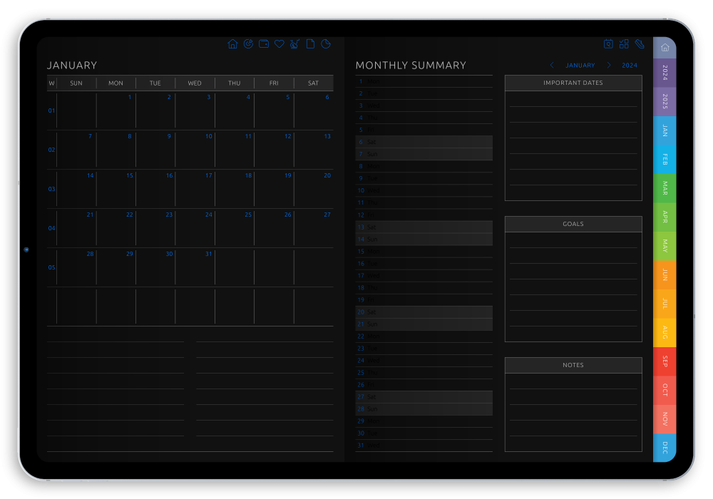 Download Monthly Digital Planner PDF for GoodNotes, iPad (Dark)