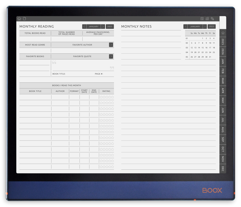Download Reading Journal Hyperlinked PDF for ONYX BOOX Note Air