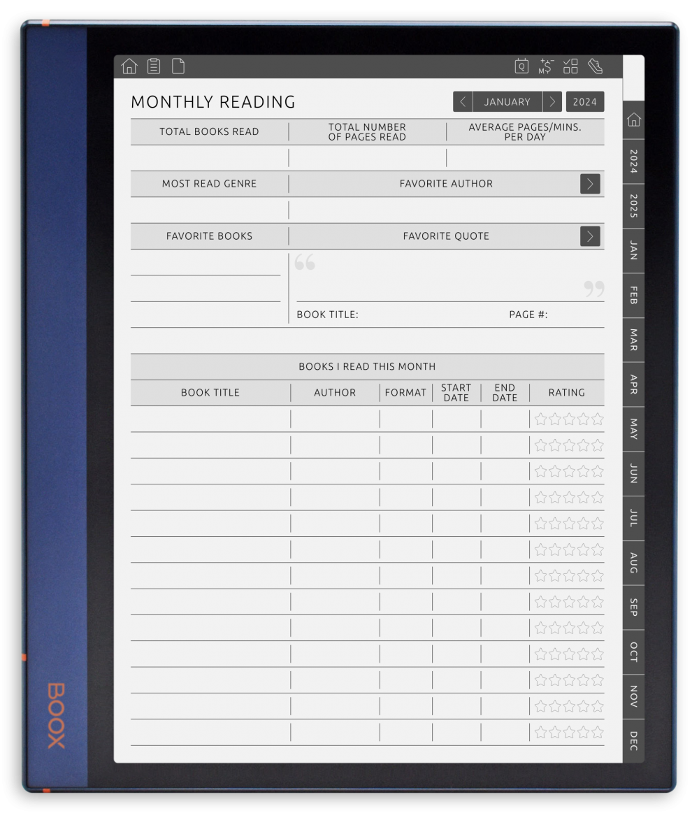 Download Reading Journal Hyperlinked PDF for ONYX BOOX Note Air