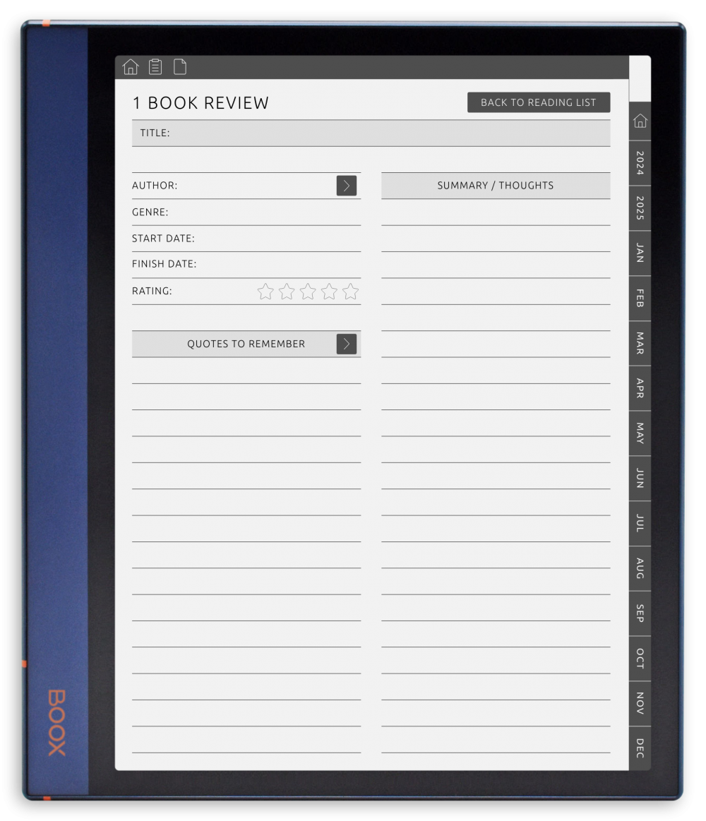 Download Reading Journal Hyperlinked PDF for ONYX BOOX Note Air