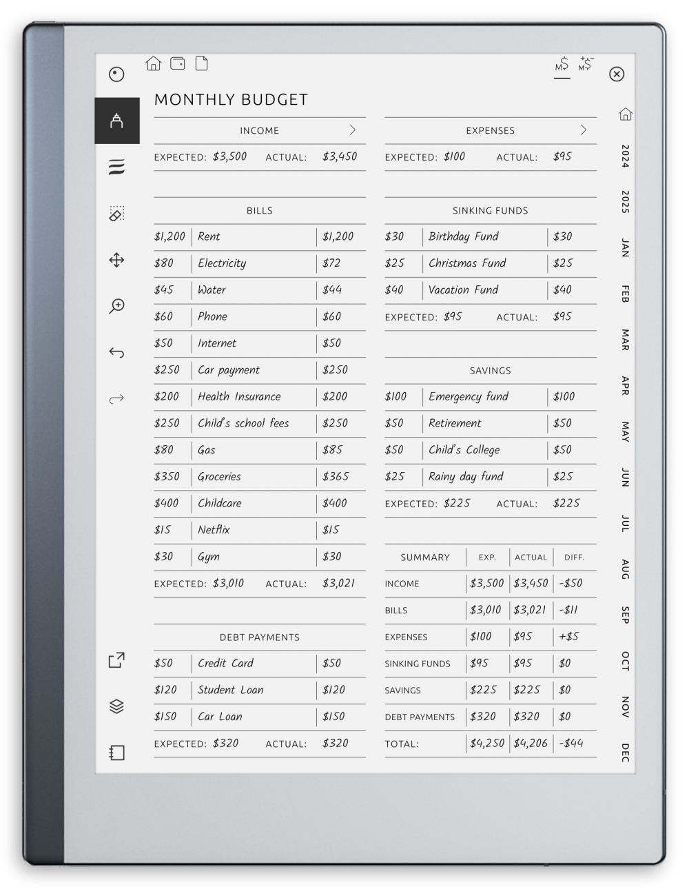 Budget Planner for reMarkable - Download Hyperlinked PDF