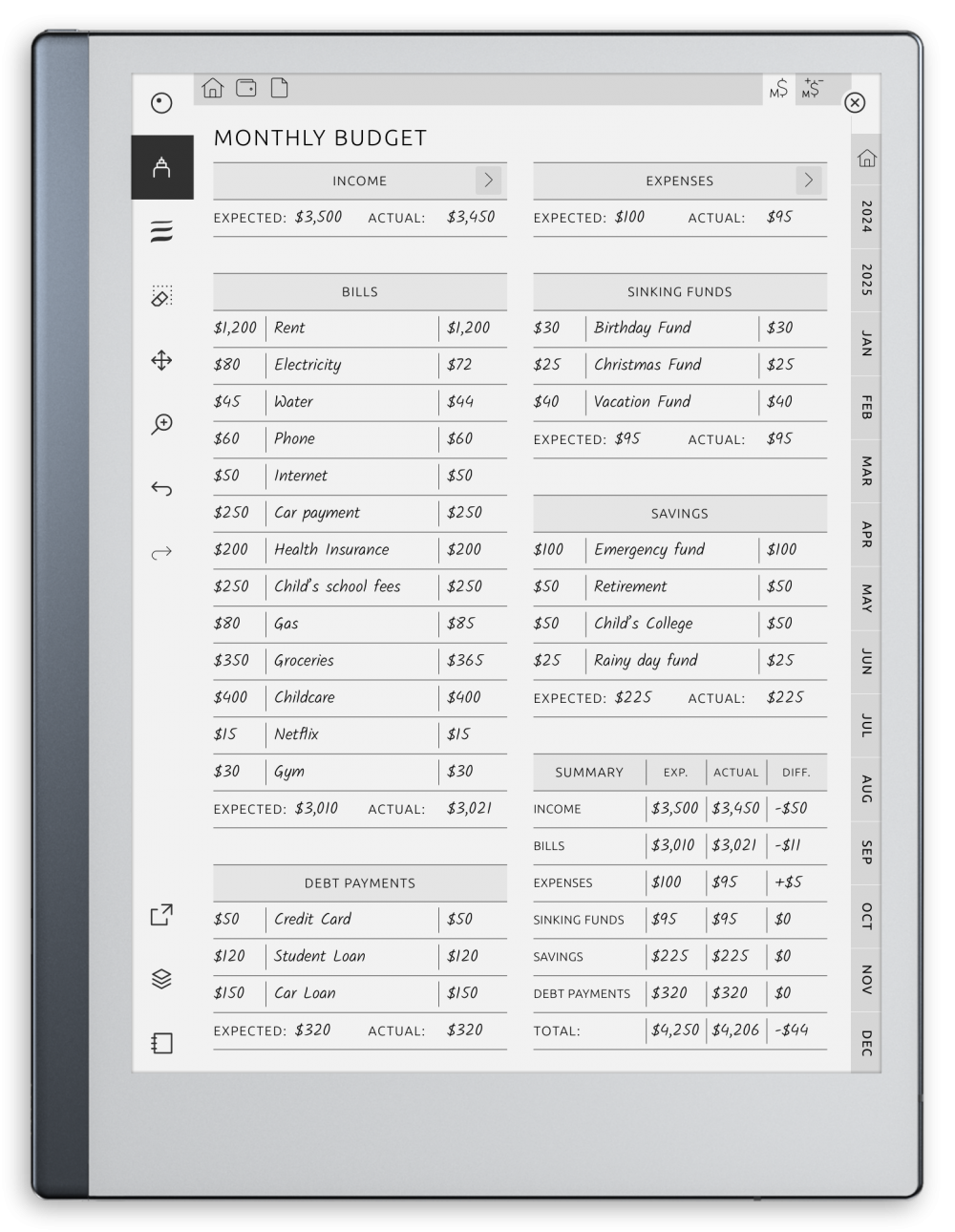 Budget Planner for reMarkable - Download Hyperlinked PDF