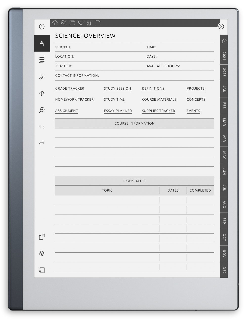 Student Planner for reMarkable - Download Customizable Hyperlinked PDF