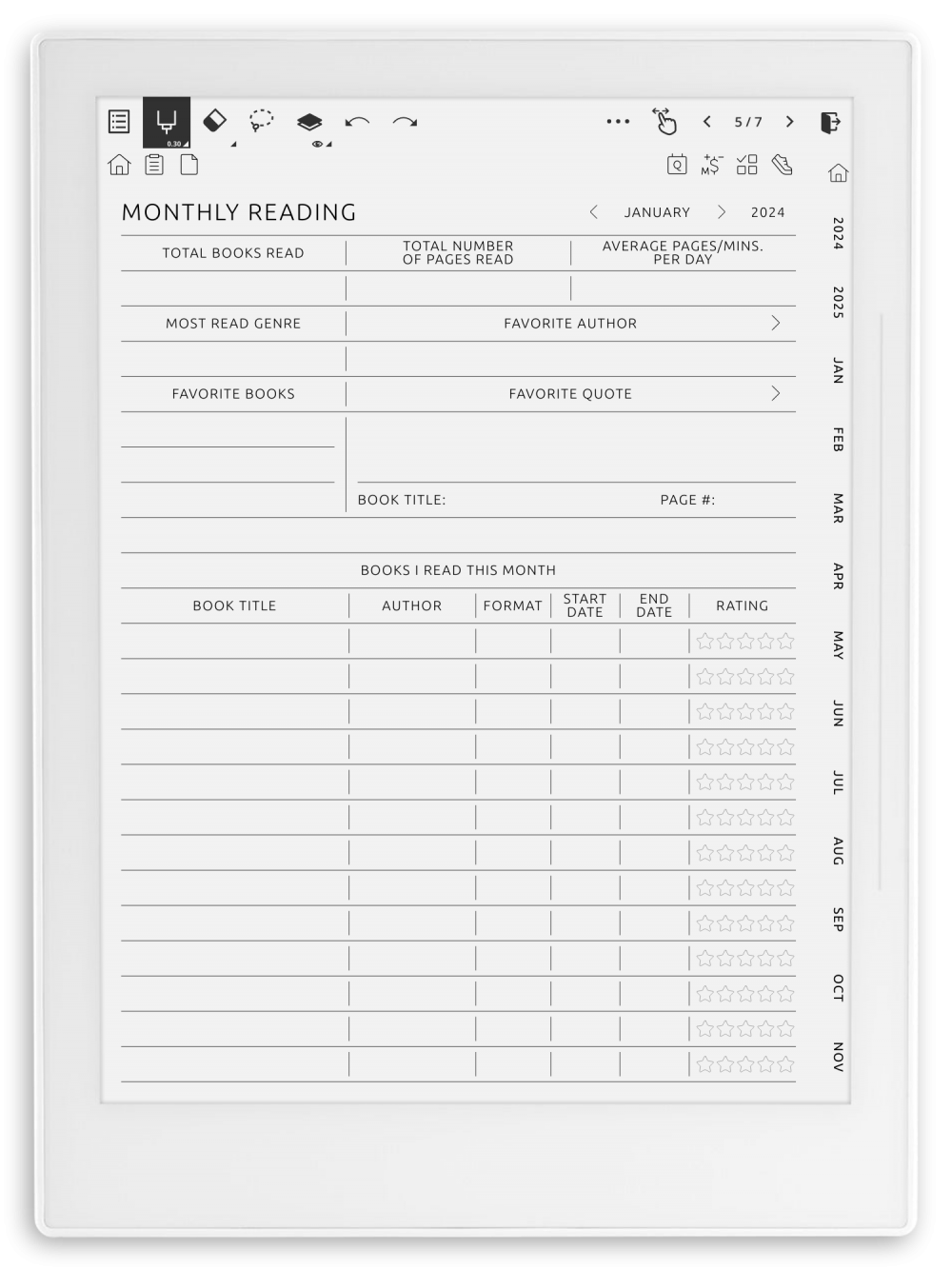 Download Reading Journal Hyperlinked PDF for Supernote A5 X A6 X