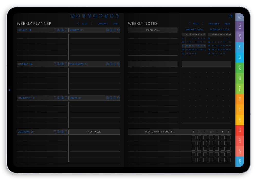 Download Weekly Digital Planner PDF for GoodNotes, iPad (Dark)