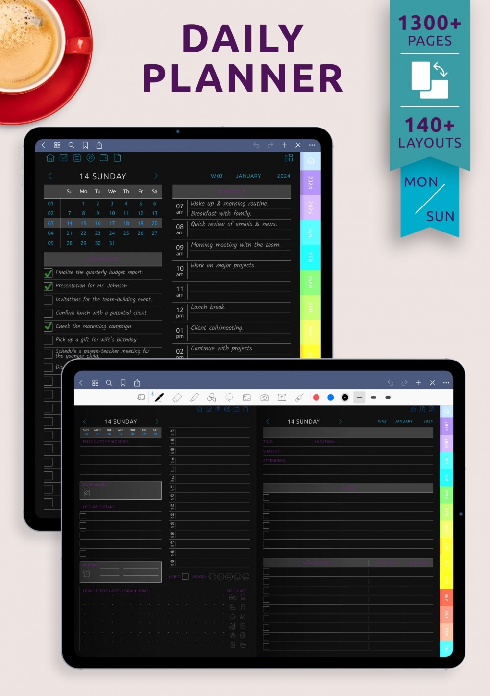 Download Daily Digital Planner PDF for GoodNotes, iPad, Android (Dark)