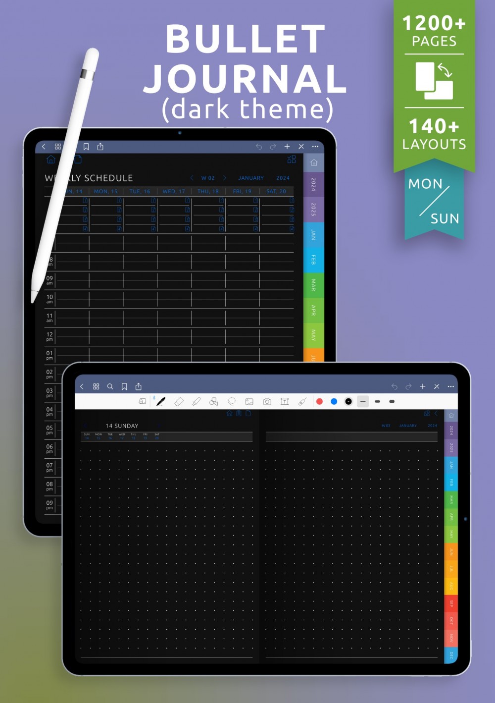 Download Digital Bullet Journal PDF for GoodNotes, iPad (Dark)
