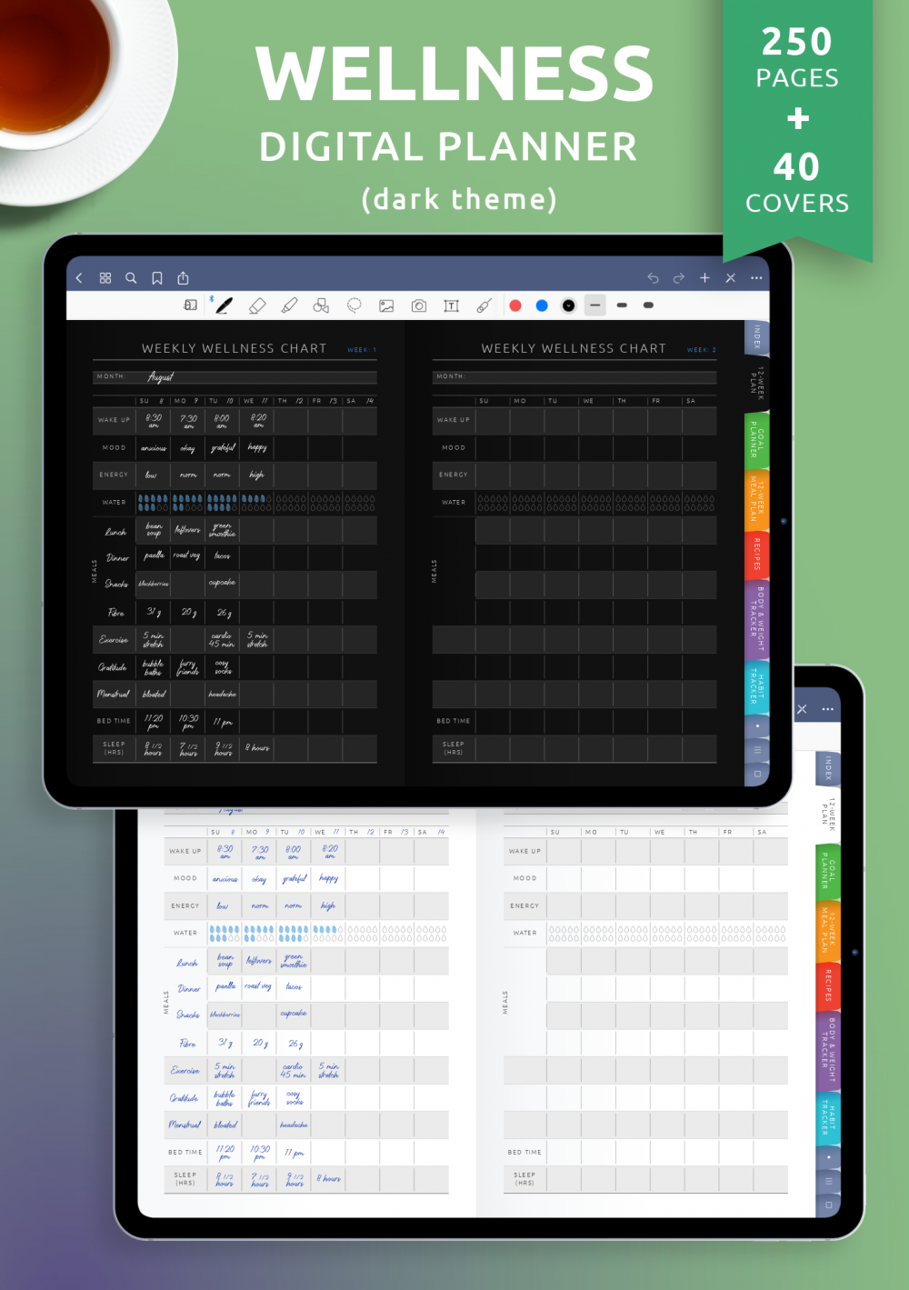 Download Digital Wellness Planner PDF for GoodNotes, iPad (Dark)
