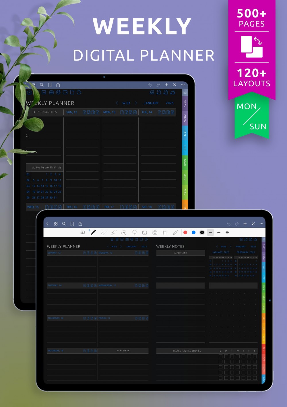 Download Weekly Digital Planner PDF for GoodNotes, iPad (Dark)