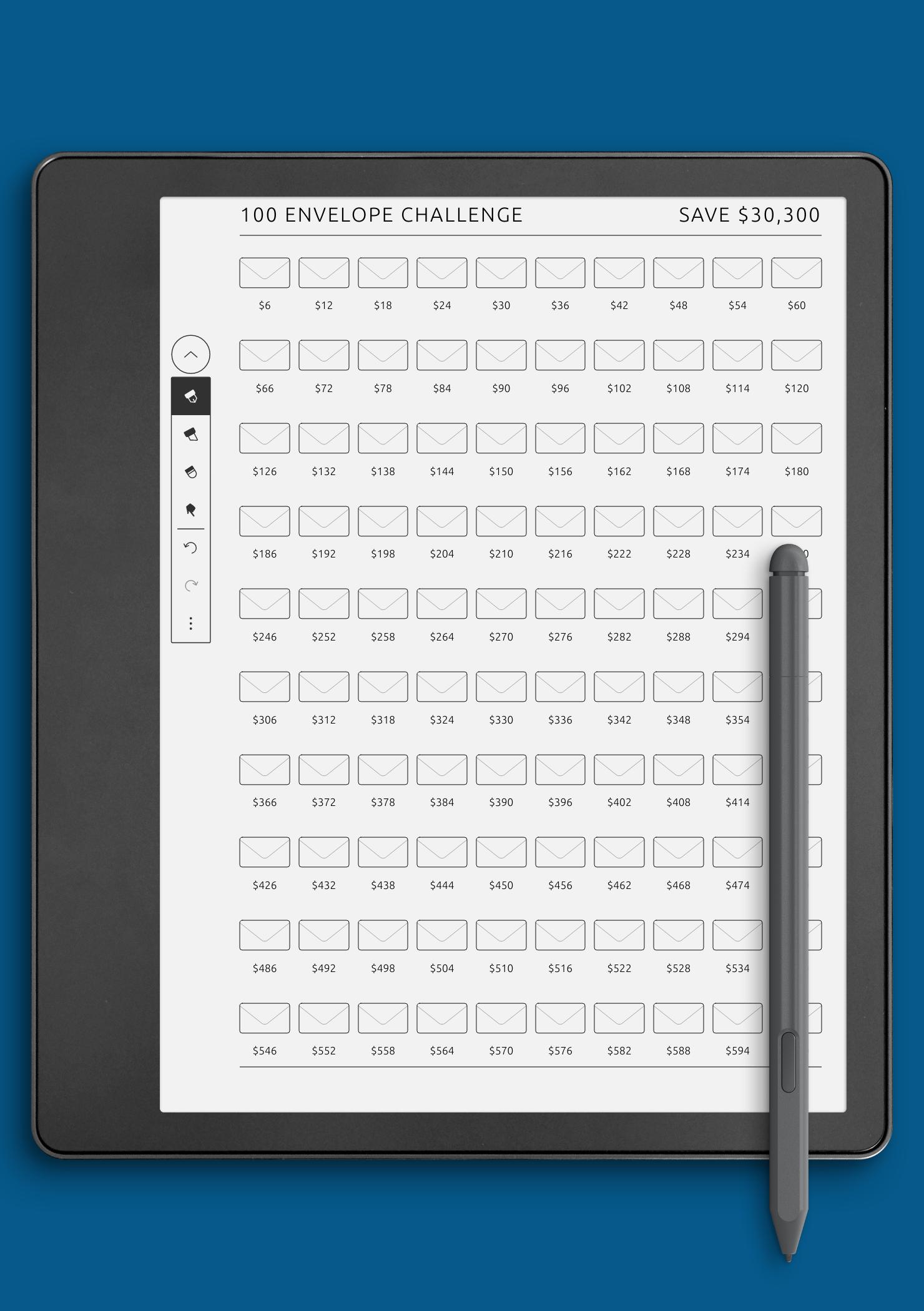 Download 100 Envelope Challenge PDF for reMarkable, Kindle Scribe ...