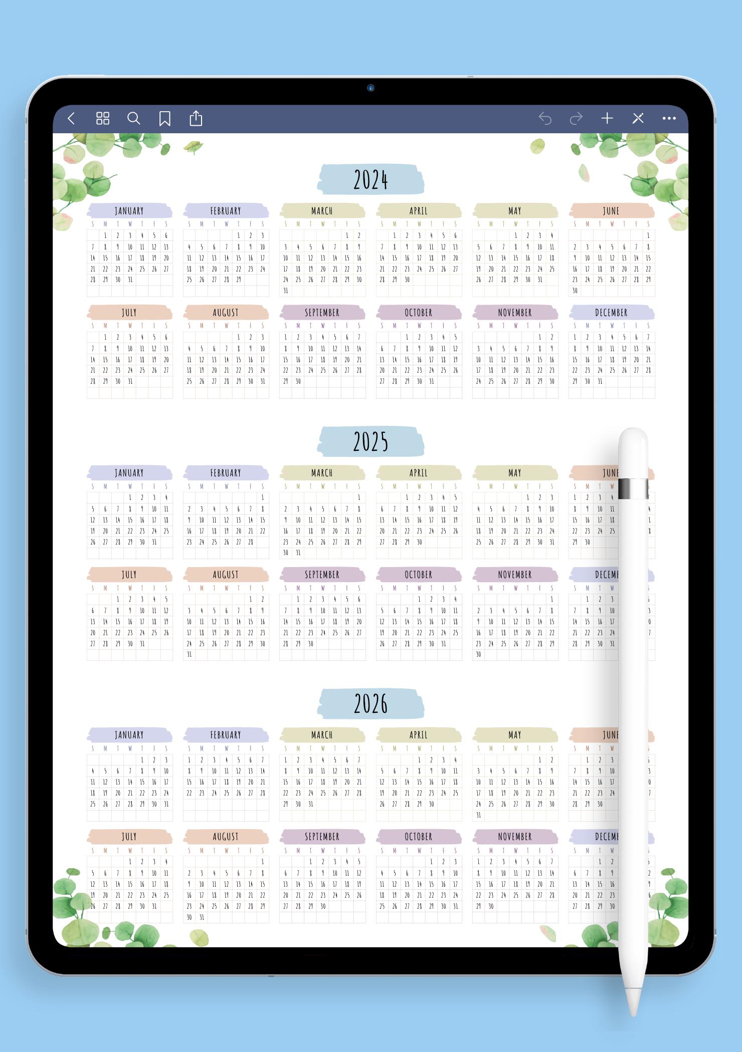 Download Printable 3-year Calendar Template - Floral Style PDF