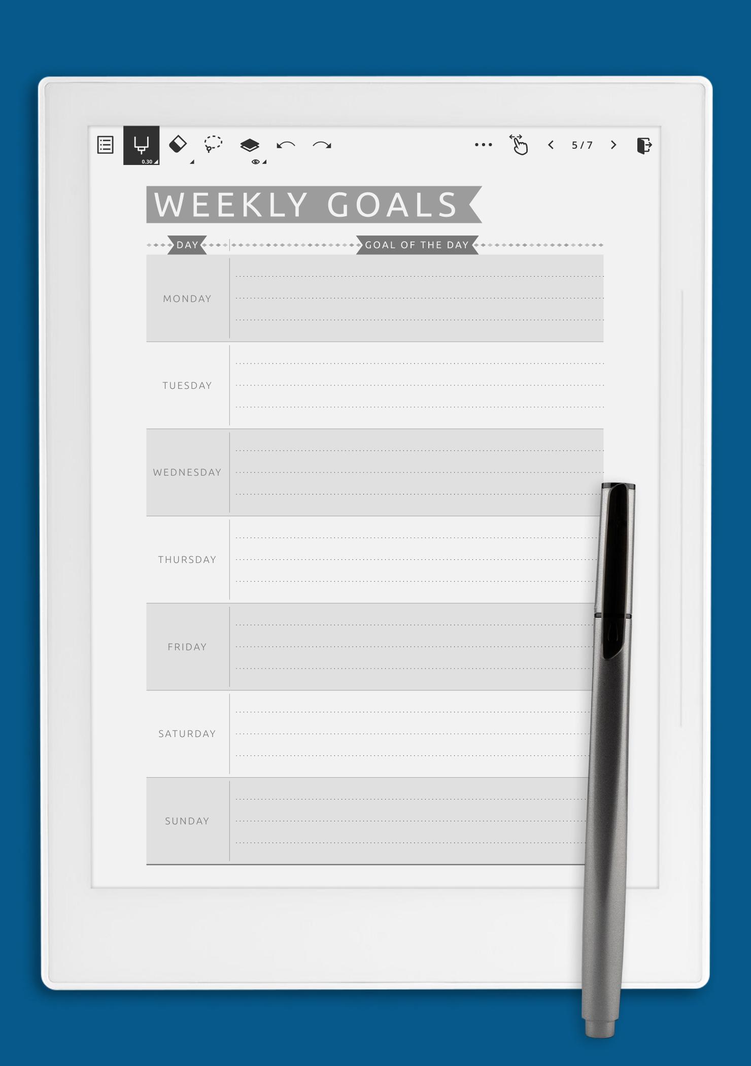 Download Printable 7 Days Weekly Goals - Casual Style PDF