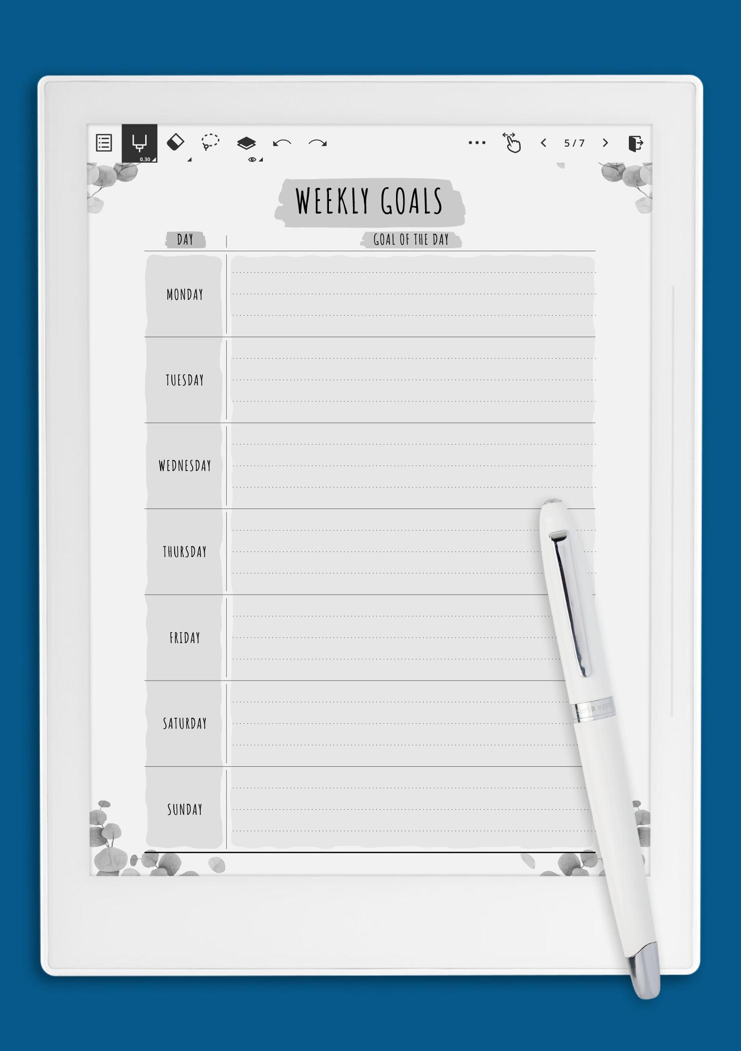 Download Printable 7 Days Weekly Goals - Floral Style PDF