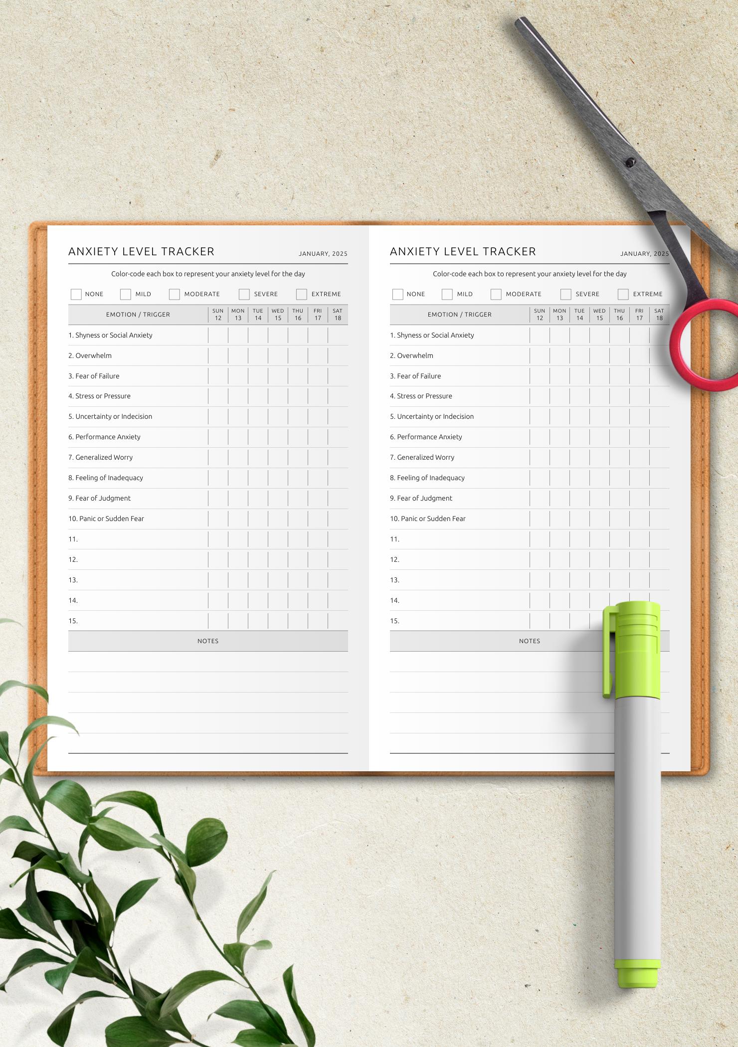 Download Anxiety Level Tracker Template: Printable PDF or Digital for ...
