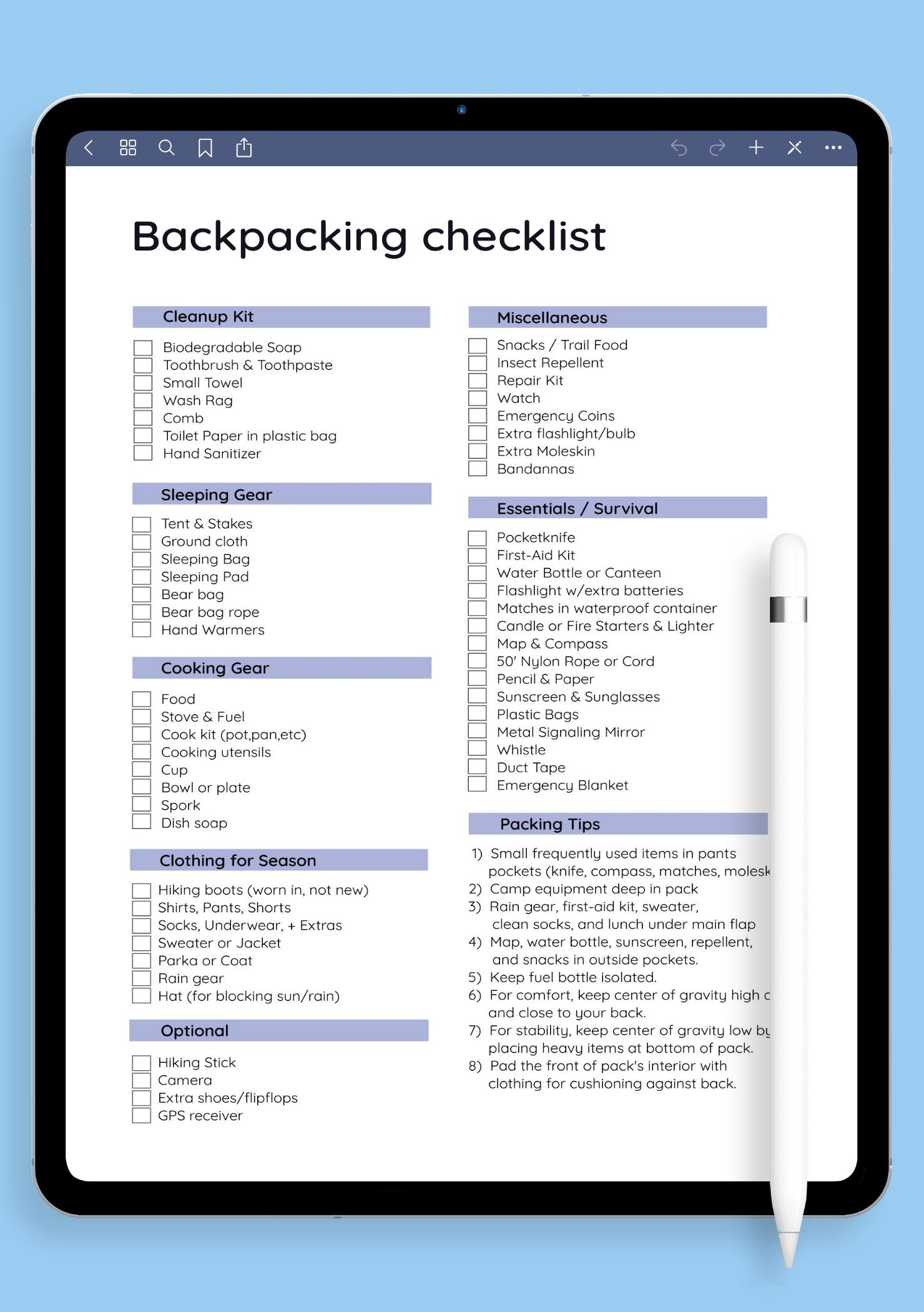 Download Printable Backpacking Checklist Template PDF