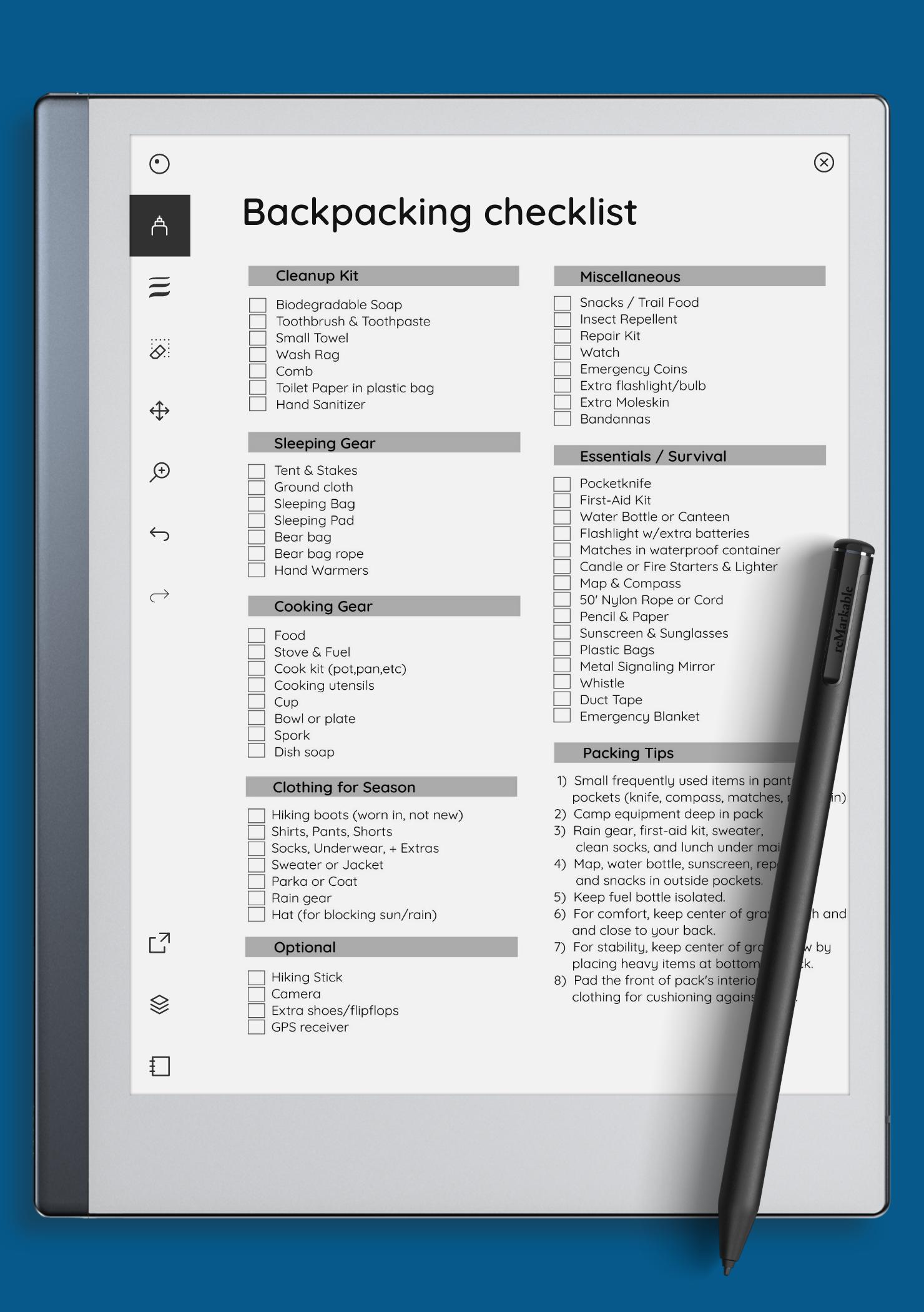 Download Printable Backpacking Checklist Template PDF