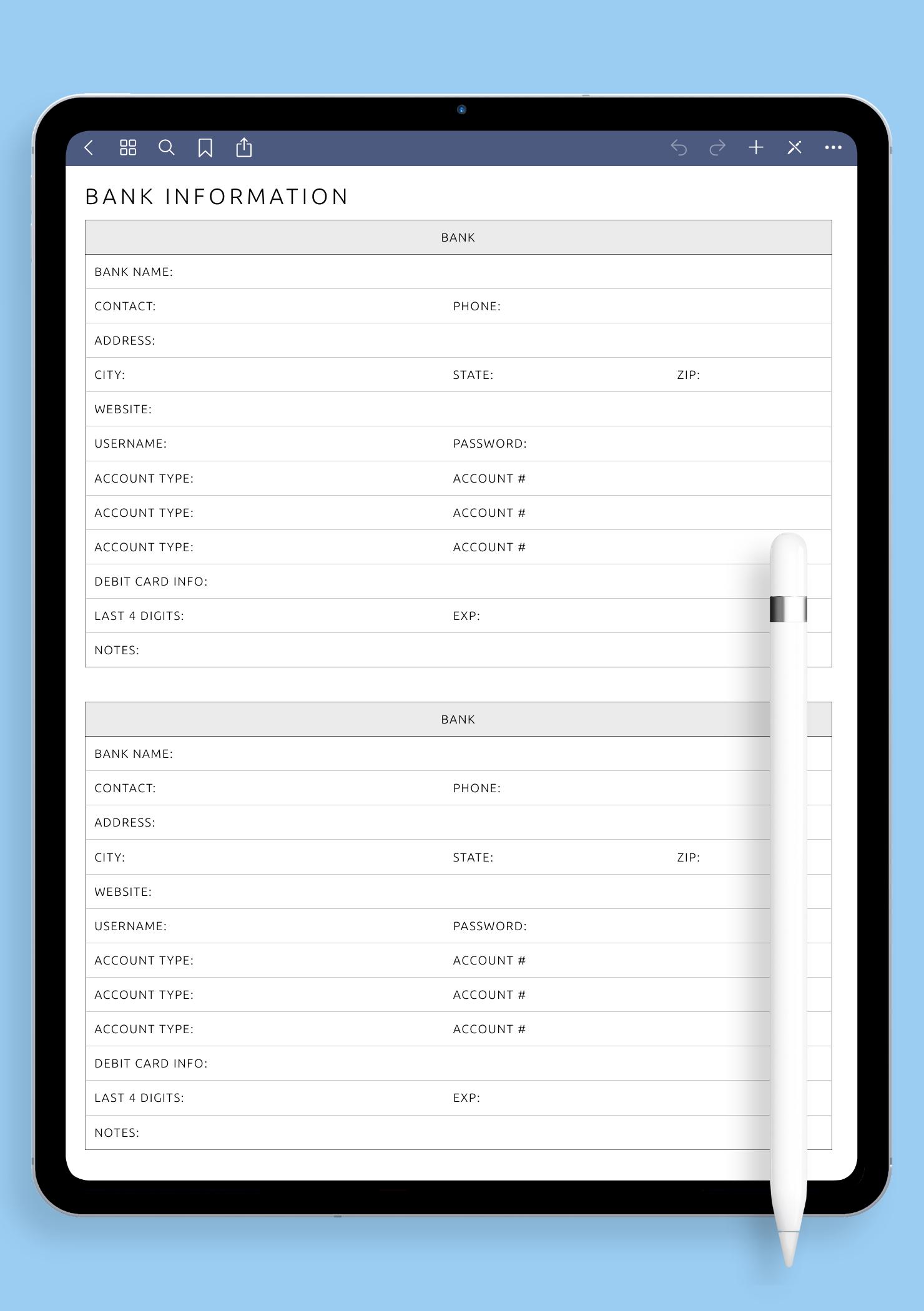 Download Printable Bank Information Template PDF