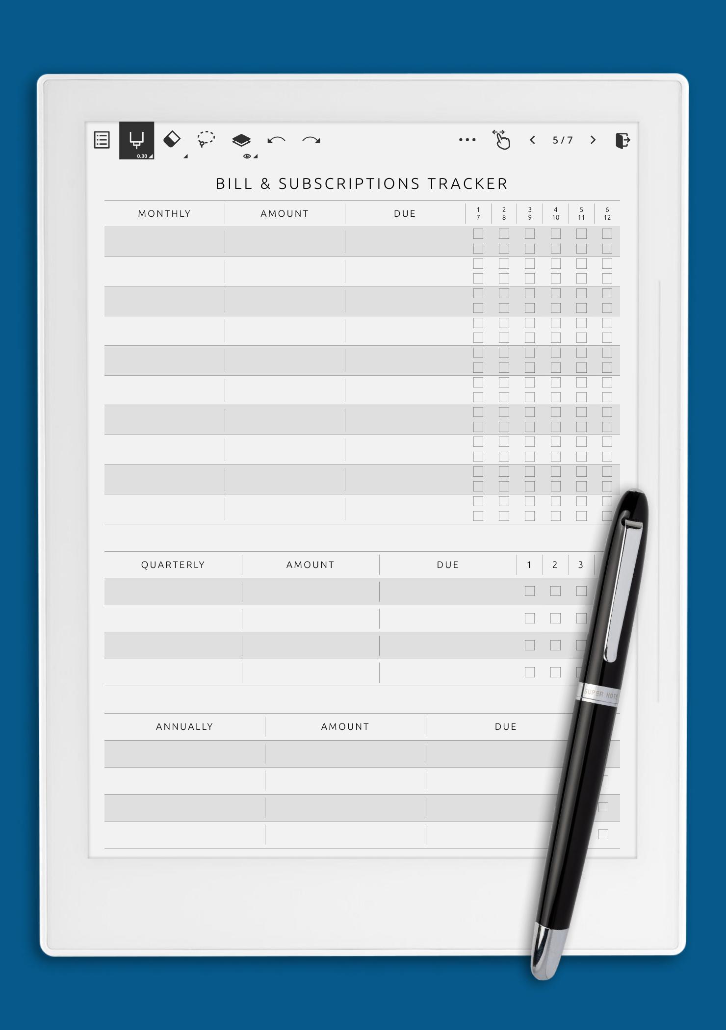 Download Printable Bill & Subscriptions Tracker Template PDF