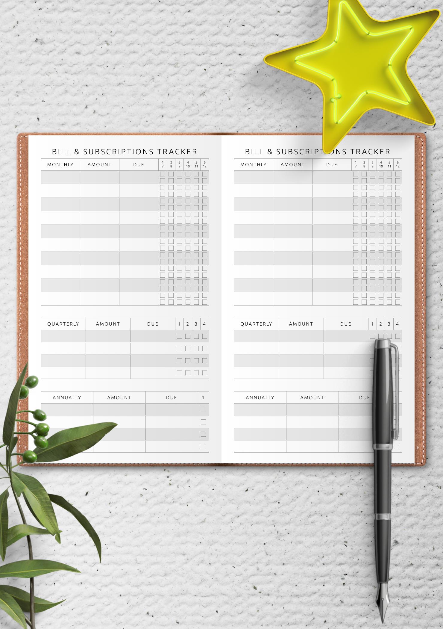 Download Printable Bill & Subscriptions Tracker Template PDF